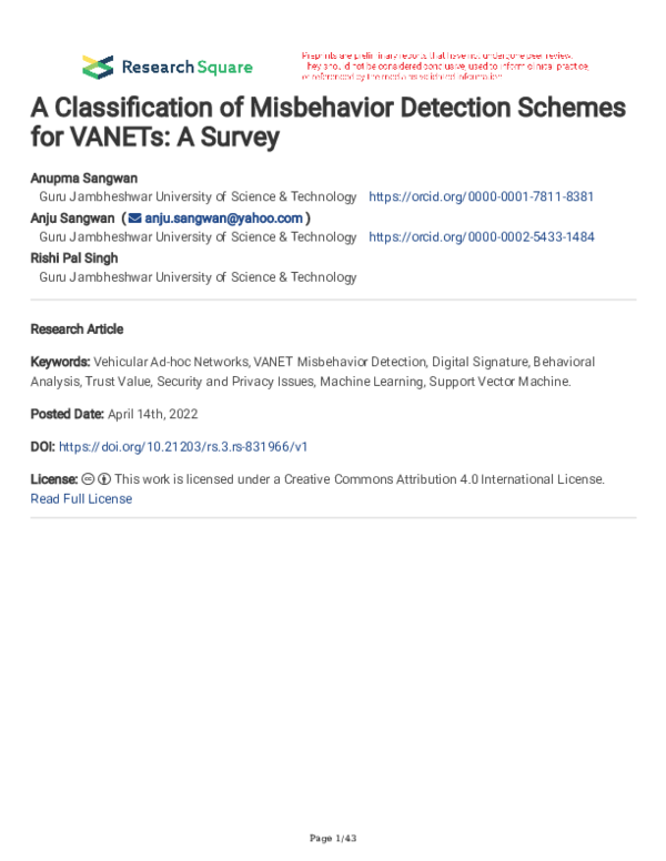 Pdf A Classification Of Misbehavior Detection Schemes For Vanets A