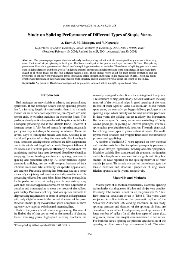 (PDF) Study on splicing performance of different types of staple yarns