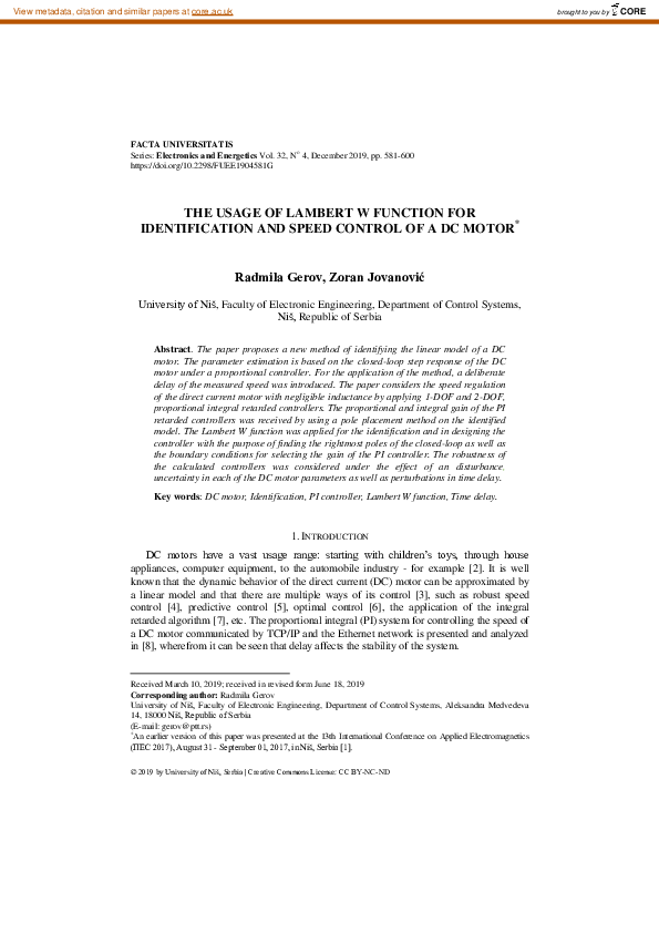 (PDF) The usage of Lambert W function for identification and speed control of a DC motor