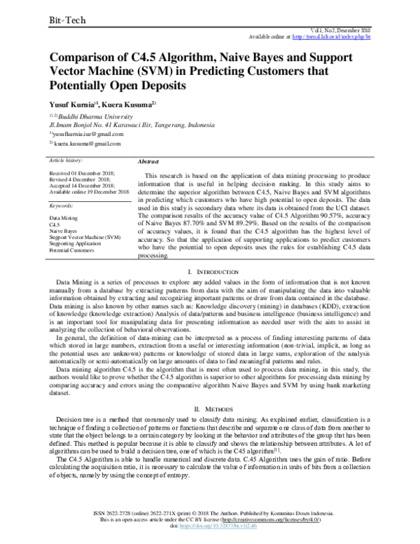 Pdf Comparison Of C45 Algorithm Naive Bayes And Support Vector Machine Svm In Predicting 8246