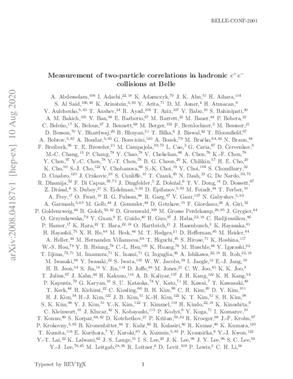 (PDF) Measurement of two-particle correlations in hadronic $e^{+}e^{-}$ collisions at Belle ...