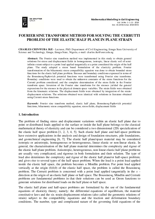 Pdf Fourier Sine Transform Method For Solving The Cerrutti Problem Of The Elastic Half Plane