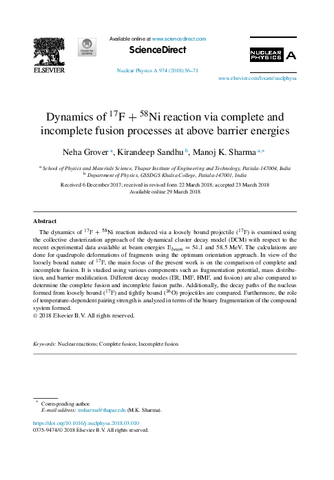 (PDF) Dynamics of 17F + 58Ni reaction via complete and incomplete fusion processes at above ...