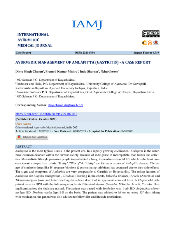 (PDF) Ayurvedic Management of Amlapitta (Gastritis) - a Case Report