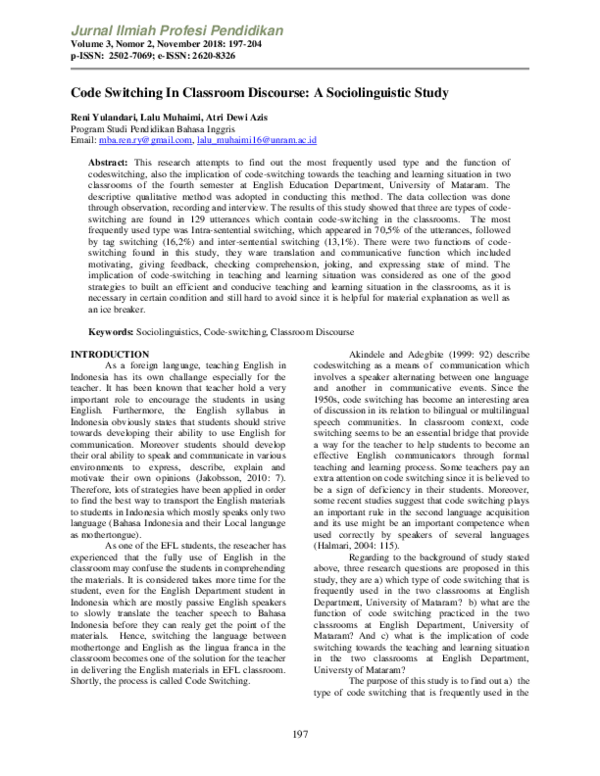 (PDF) Code Switching In Classroom Discourse: A Sociolinguistic Study