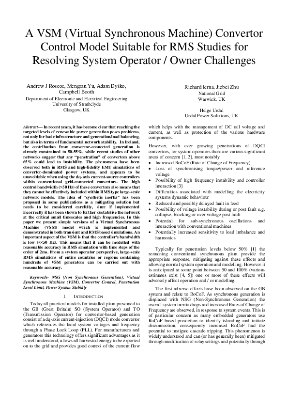 (PDF) A VSM (virtual synchronous machine) convertor control model suitable for RMS studies for ...