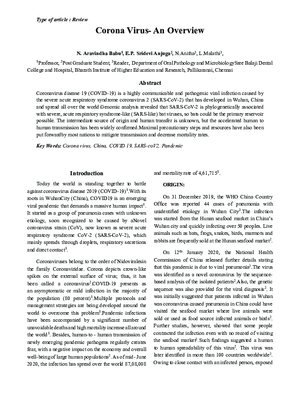 (PDF) Corona Virus- An Overview