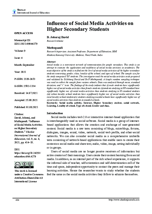 (PDF) Influence of Social Media Activities on Higher Secondary Students