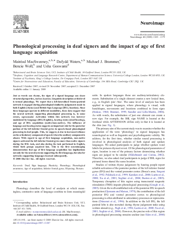 (PDF) Phonological processing in deaf signers and the impact of age of first language acquisition