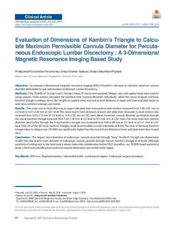 (PDF) Cannula Diameter in Kambin's Triangle Study