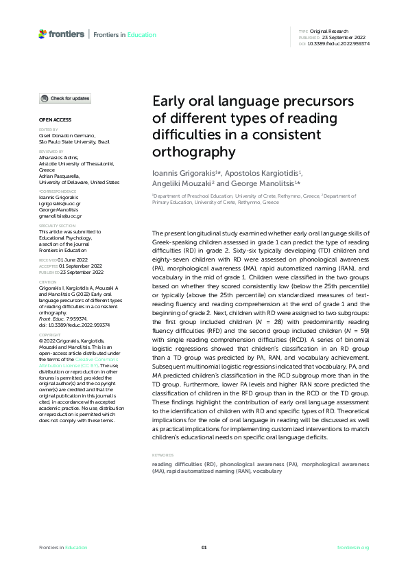 (PDF) Early oral language precursors of different types of reading ...