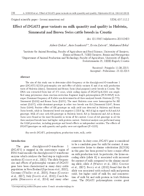 (PDF) Effect of DGAT1 gene variants on milk quantity and quality in ...