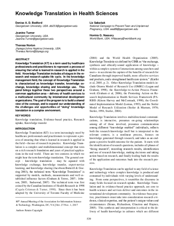 (PDF) Knowledge translation in health sciences