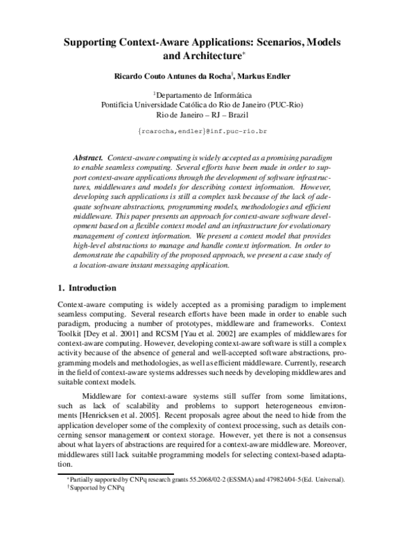 (PDF) Supporting context-aware applications: Scenarios, models and architecture