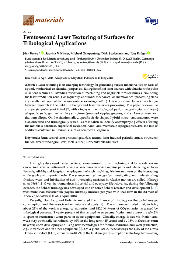 (PDF) Femtosecond Laser Texturing of Surfaces for Tribological Applications