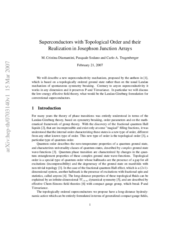 Pdf Superconductors With Topological Order And Their Realization In Josephson Junction Arrays