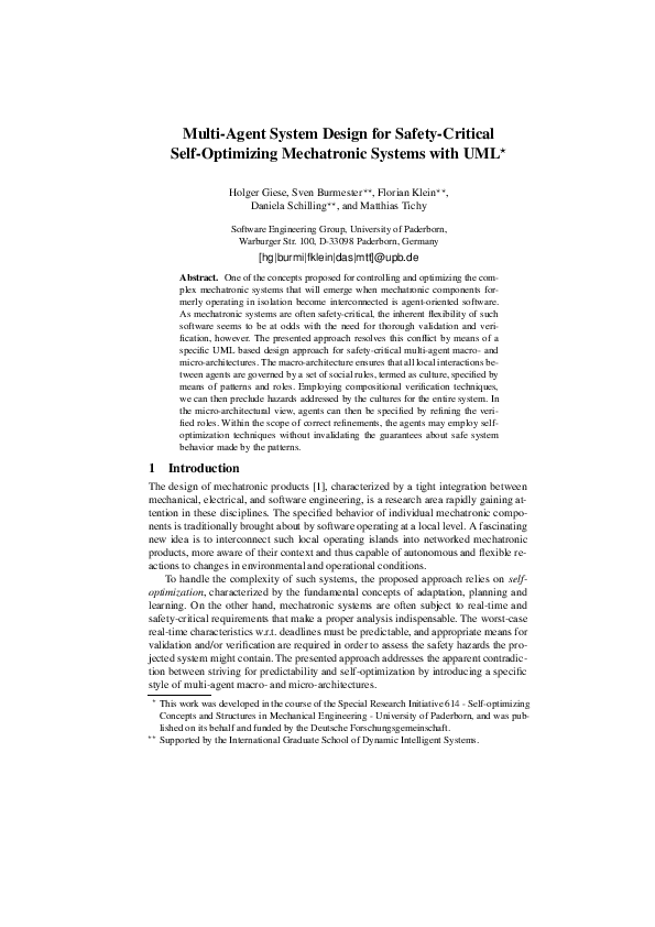 Pdf Multi Agent System Design For Safety Critical Self Optimizing Mechatronic Systems With Uml