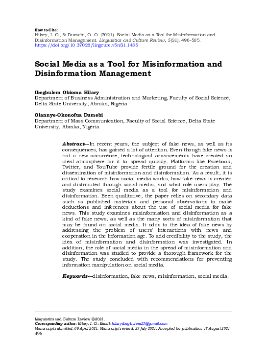 (PDF) Social Media as a Tool for Misinformation and Disinformation Management
