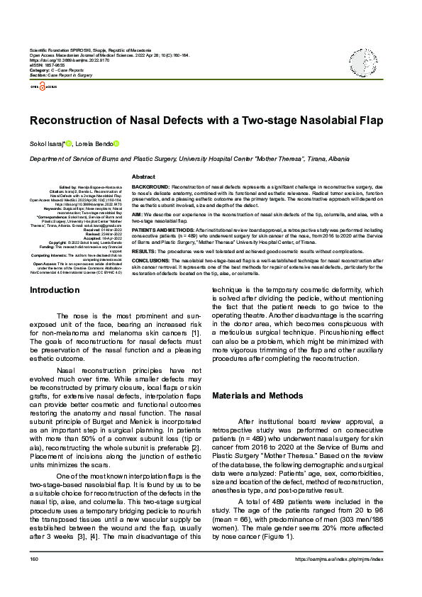 (PDF) Reconstruction of Nasal Defects with a Two-stage Nasolabial Flap
