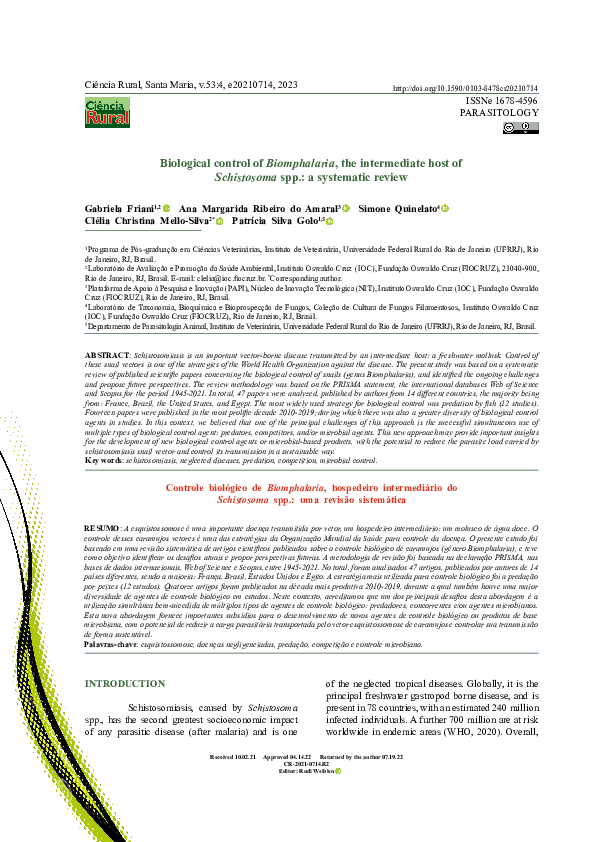 (PDF) Biological control of Biomphalaria, the intermediate host of ...