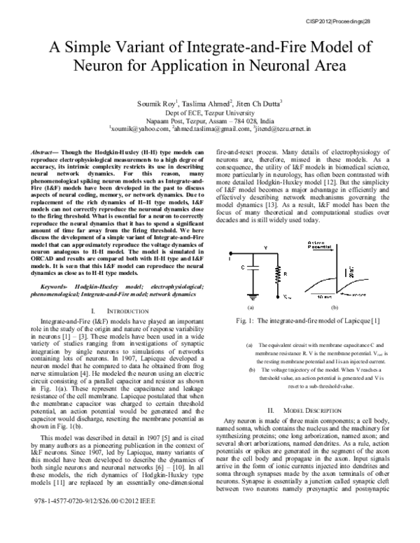 Pdf A Simple Variant Of Integrate And Fire Model Of Neuron For Application In Neuronal Area