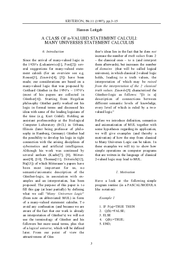 (PDF) A CLASS OF n-VALUED STATEMENT CALCULI: MANY UNIVERSES STATEMENT ...
