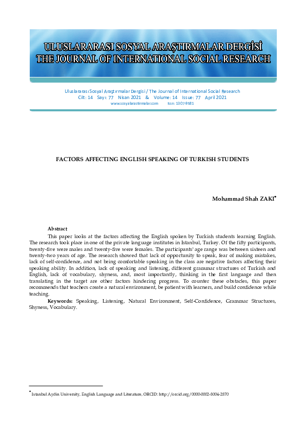 (PDF) Factors Affecting English Speaking of Turkish Students