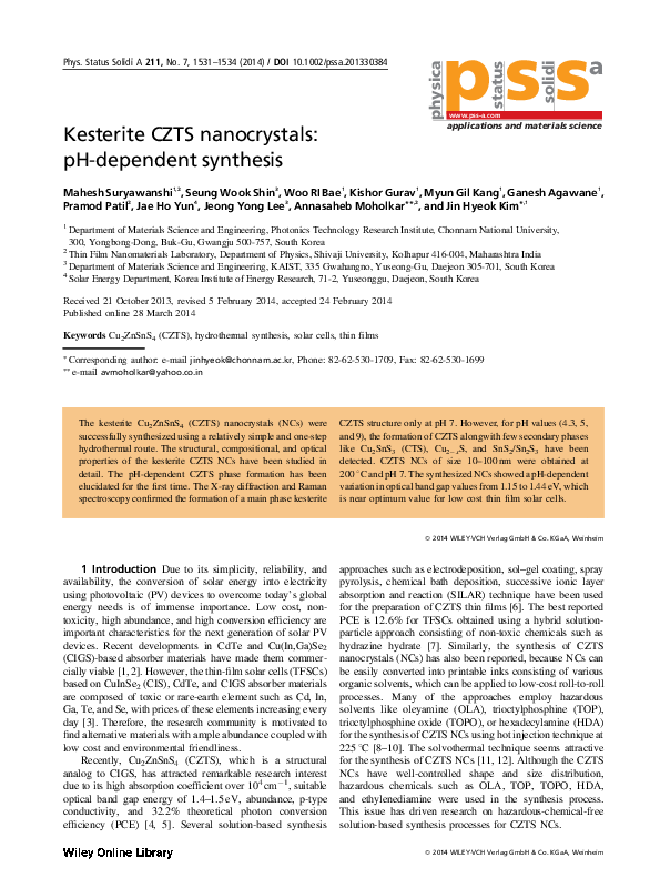 (PDF) Kesterite CZTS nanocrystals: pH-dependent synthesis