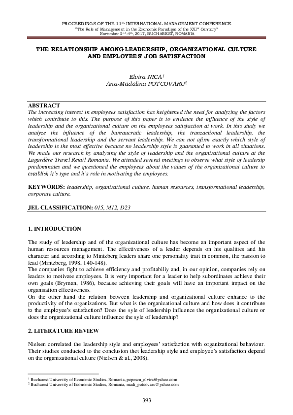 (PDF) The Relationship Among Leadership, Organizational Culture And Employees' Job Satisfaction