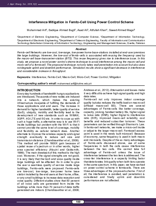 (PDF) Interference Mitigation in Femto-Cell Using Power Control Scheme | sadique bugti and ...