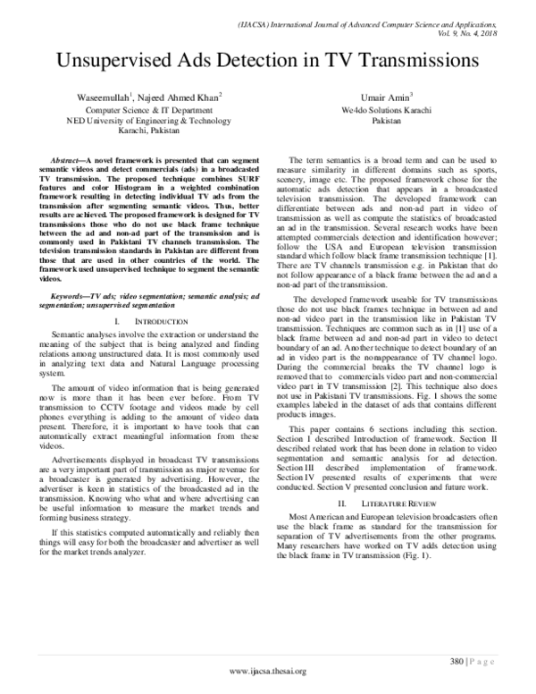 (PDF) Unsupervised Ads Detection in TV Transmissions