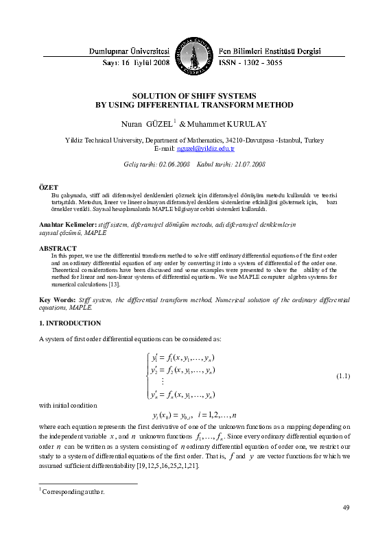 Pdf Solution Of Shiff Systems By Using Differential Transform Method