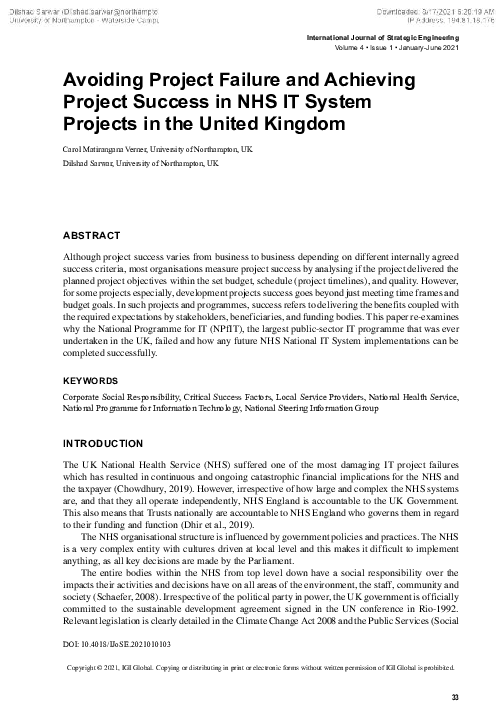 (PDF) Avoiding Project Failure and Achieving Project Success in NHS IT System Projects in the ...