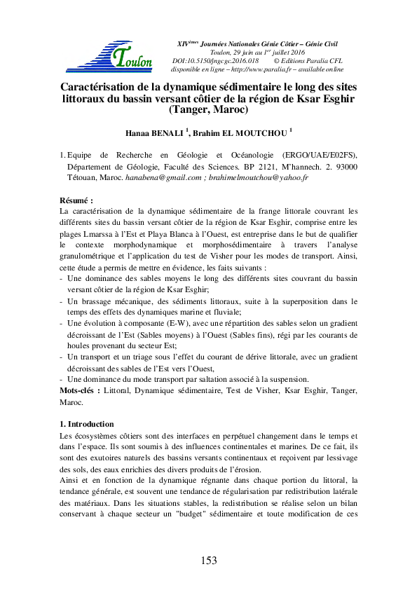 (PDF) Caractérisation de la dynamique sédimentaire le long des sites ...