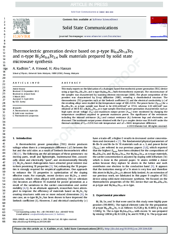 (PDF) Thermoelectric generation device based on p-type Bi0.4Sb1.6Te3 ...