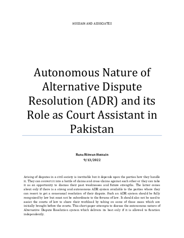 (PDF) Autonomous Nature of Alternative Dispute Resolution (ADR) and its Role as Court Assistant ...