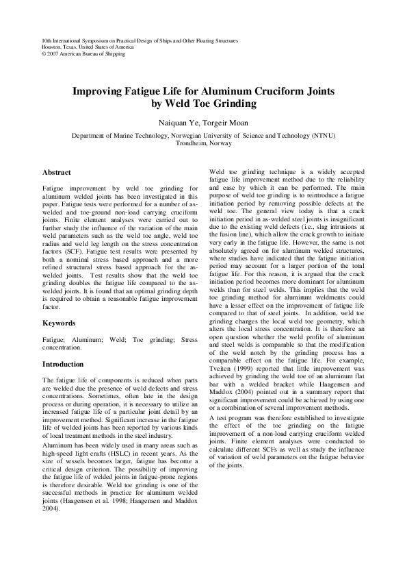 (PDF) Improving fatigue life for aluminium cruciform joints by weld toe ...