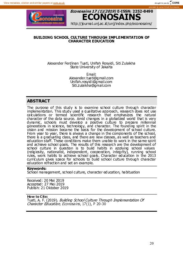 (PDF) Building School Culture Through Implementation of Character Education