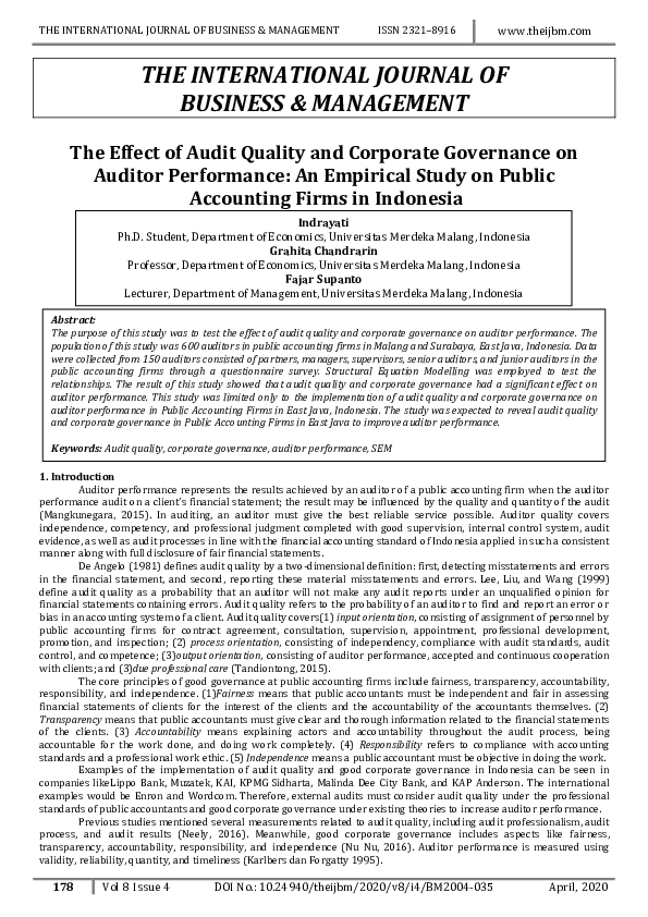 (PDF) The Effect of Audit Quality and Corporate Governance on Auditor Performance: An Empirical ...