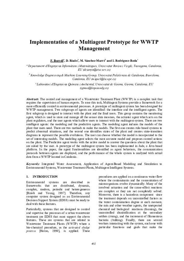 (PDF) Implementation of a Multiagent Prototype for WWTP Management