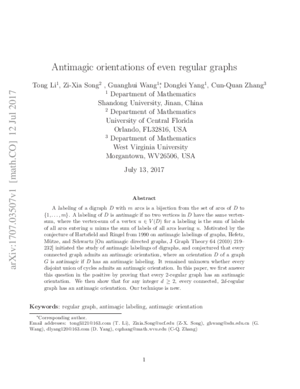 (PDF) Antimagic orientations of even regular graphs