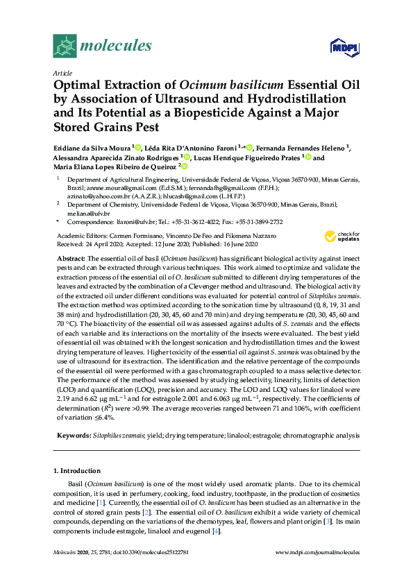(PDF) Optimal Extraction of Ocimum basilicum Essential Oil by Association of Ultrasound and ...