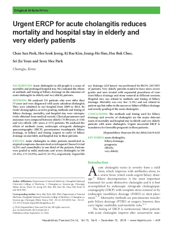 (PDF) Urgent ERCP for acute cholangitis reduces mortality and hospital ...