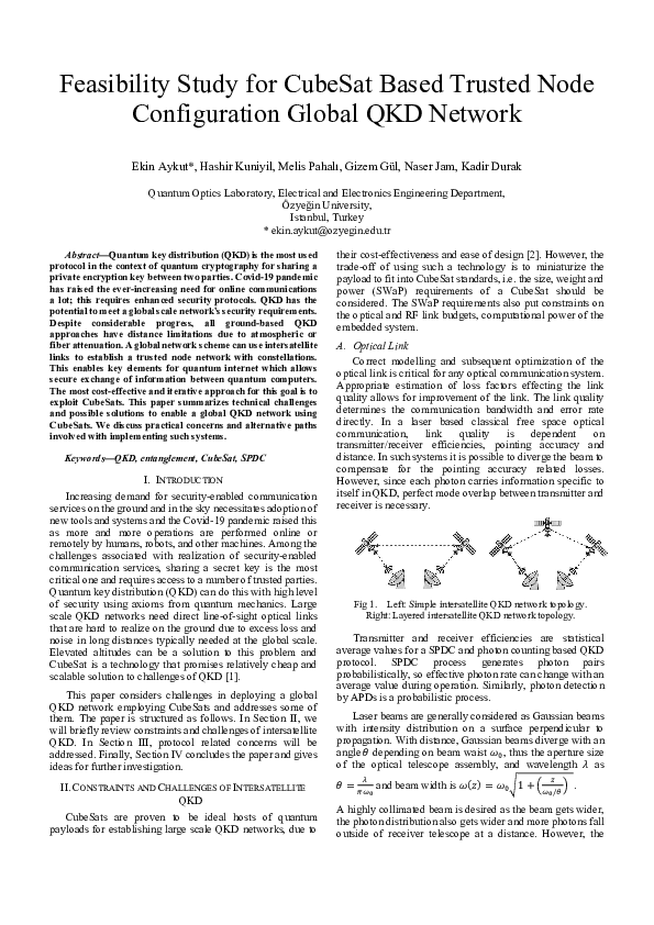 (PDF) Feasibility Study for CubeSat Based Trusted Node Configuration Global QKD Network