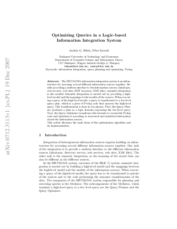 Pdf Optimizing Queries In A Logic Based Information Integration System