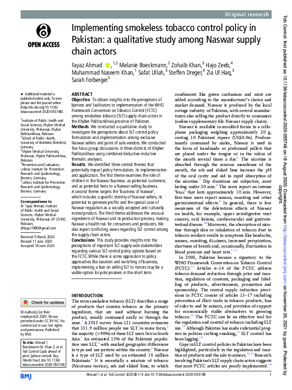 (PDF) Implementing smokeless tobacco control policy in Pakistan: a ...