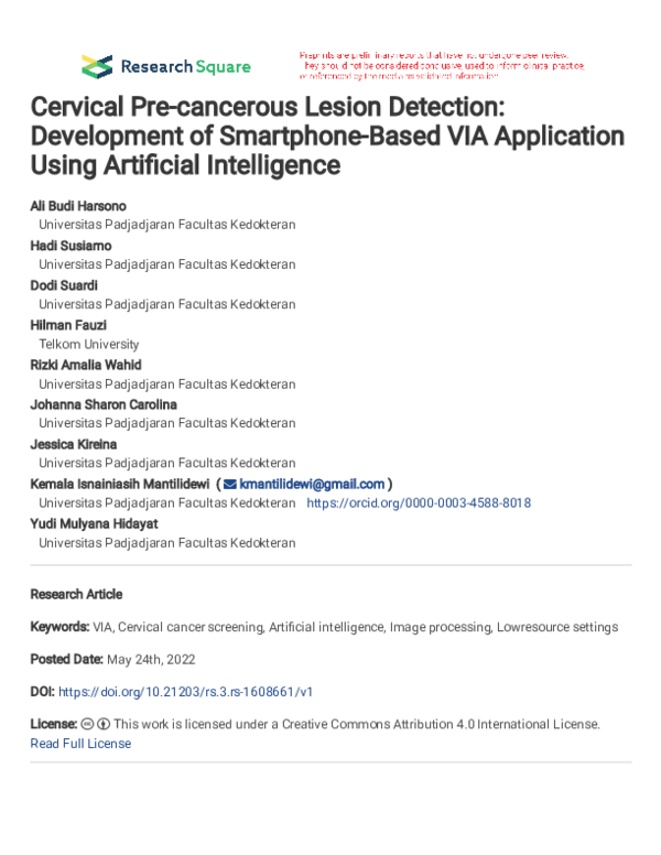 (PDF) Cervical Pre-cancerous Lesion Detection: Development of Smartphone-Based VIA Application ...