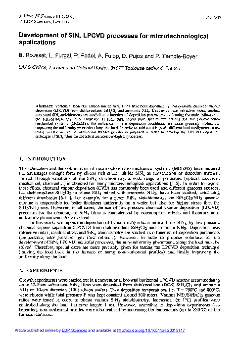 (PDF) Development of SiNx LPCVD processes for microtechnological ...