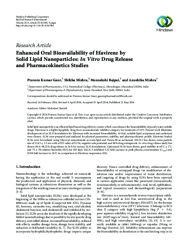 (PDF) Enhanced Oral Bioavailability of Efavirenz by Solid Lipid ...