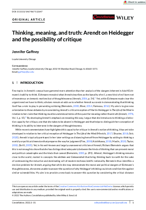 (PDF) Thinking, meaning, and truth: Arendt on Heidegger and the ...